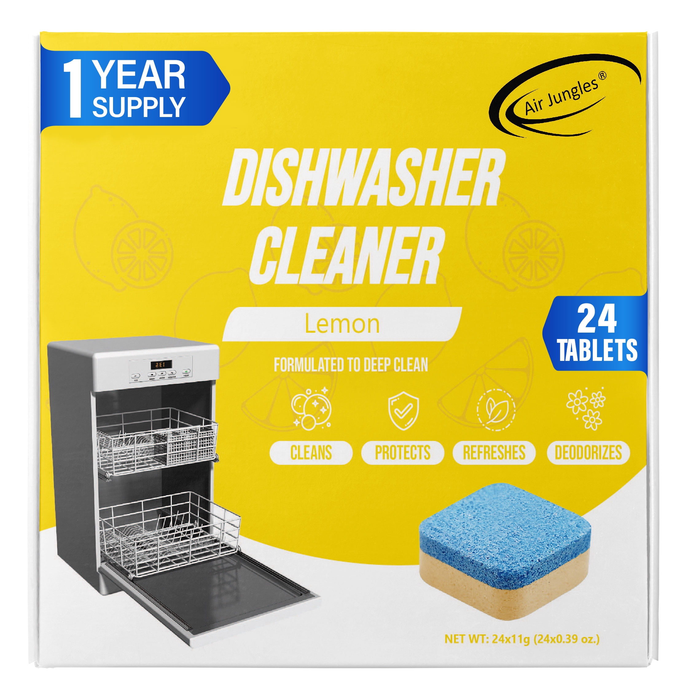 Air Jungles Dishwasher Cleaner Tablets (24 Count), Lemon Scent, Deep Cleaning Descaler ...