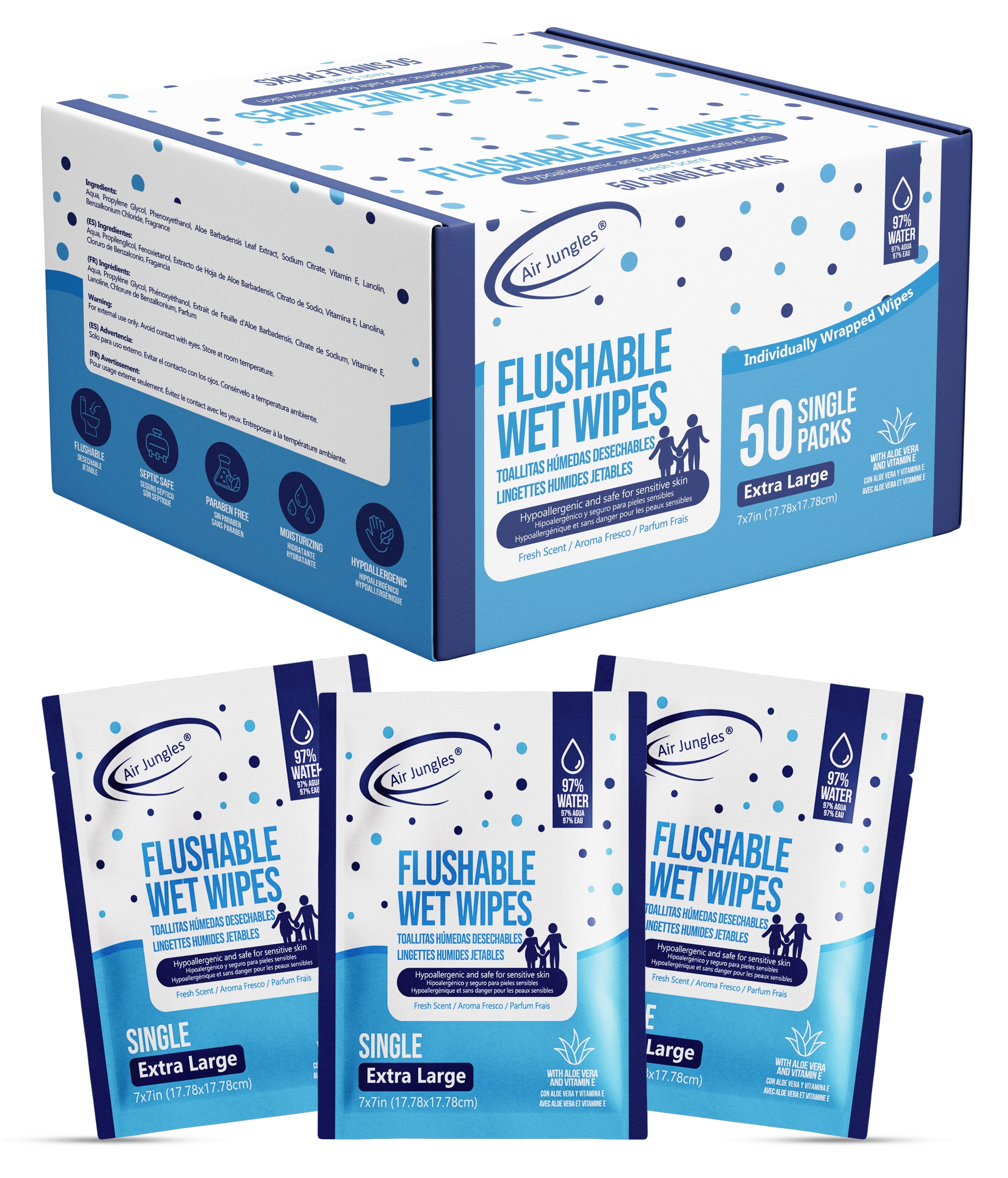 Air Jungles Flushable Wipes Individually Wrapped 50 Count, Travel Size ...