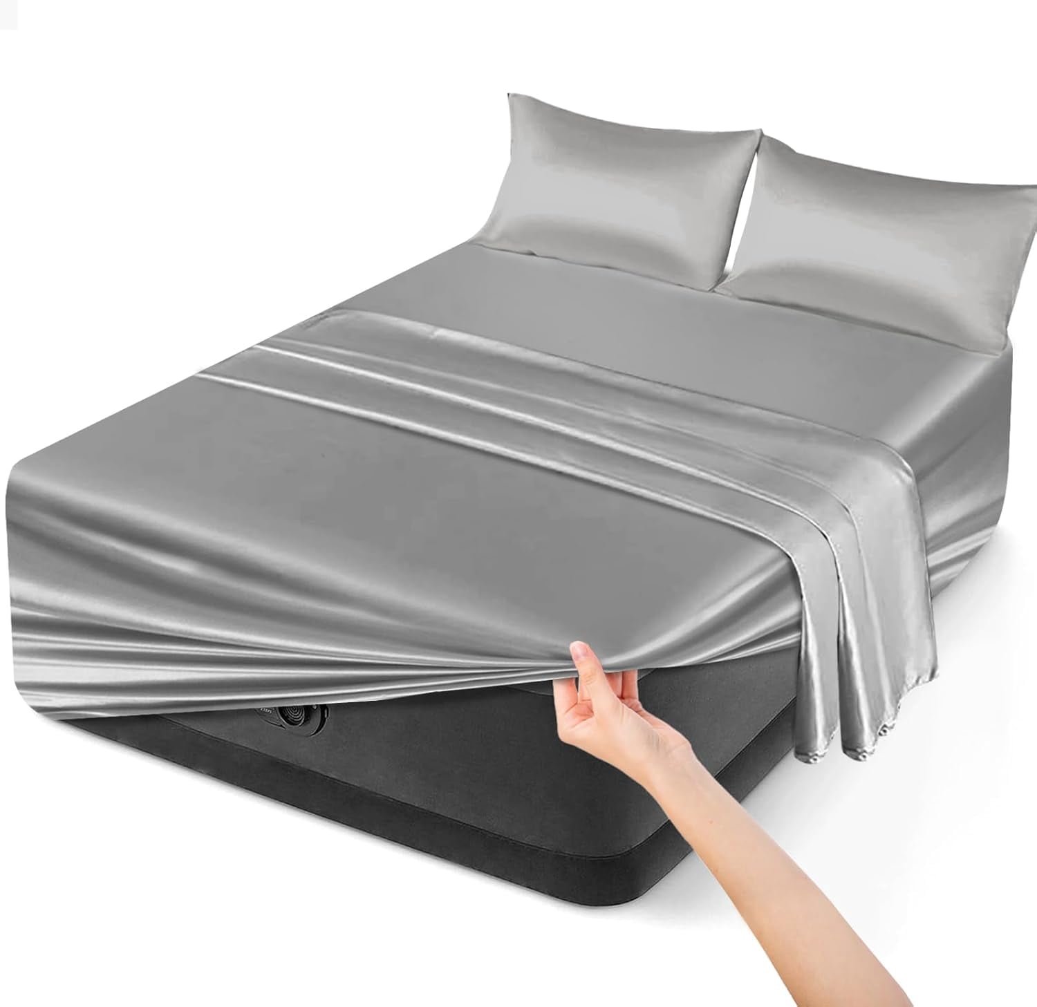 Air Mattress Sheets Queen, Extra Deep Pocket Satin Sheets Set 4-Piece ...