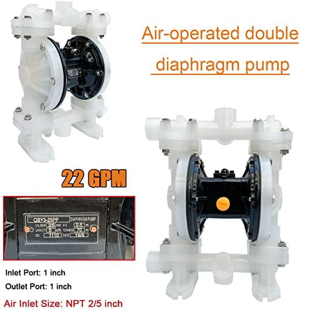 Air Operated Double Diaphragm Pump QBY3-25APP, 1 inch Outlet Inlet 22 GPM Pneumatic Transfer ...