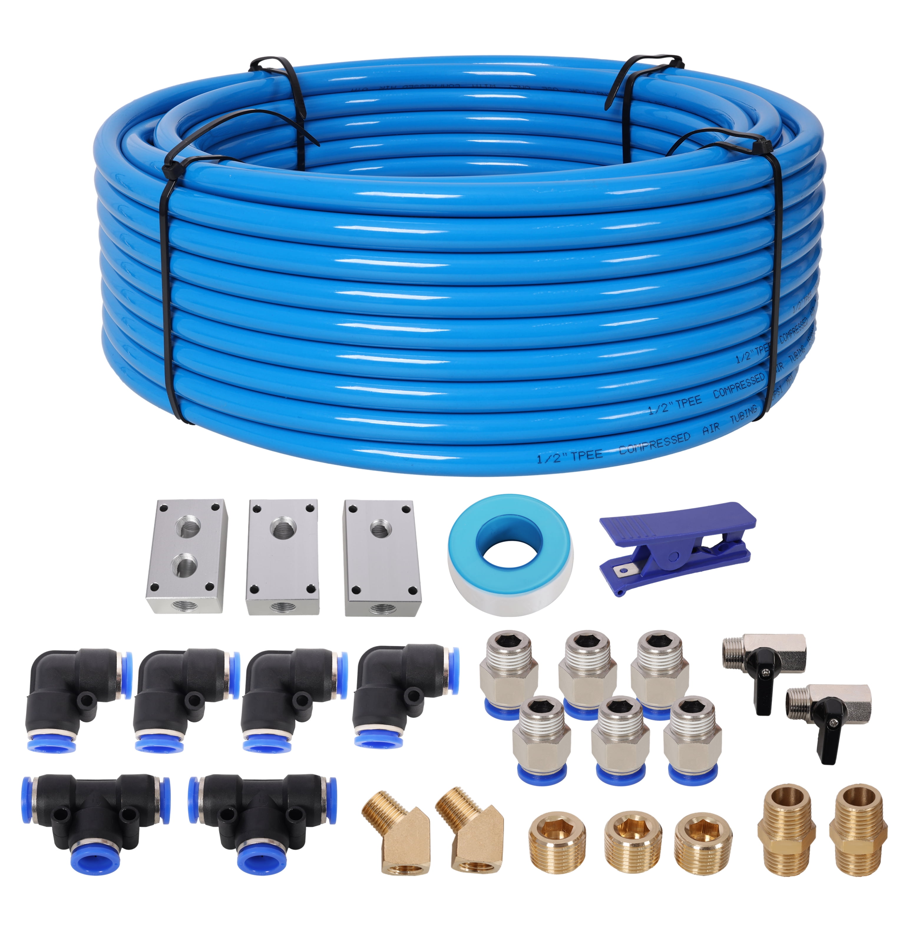 Air Push to Connect Kit 1/2" OD x 3/8" ID, 100ft TPEE Tubing - Blue Air ...
