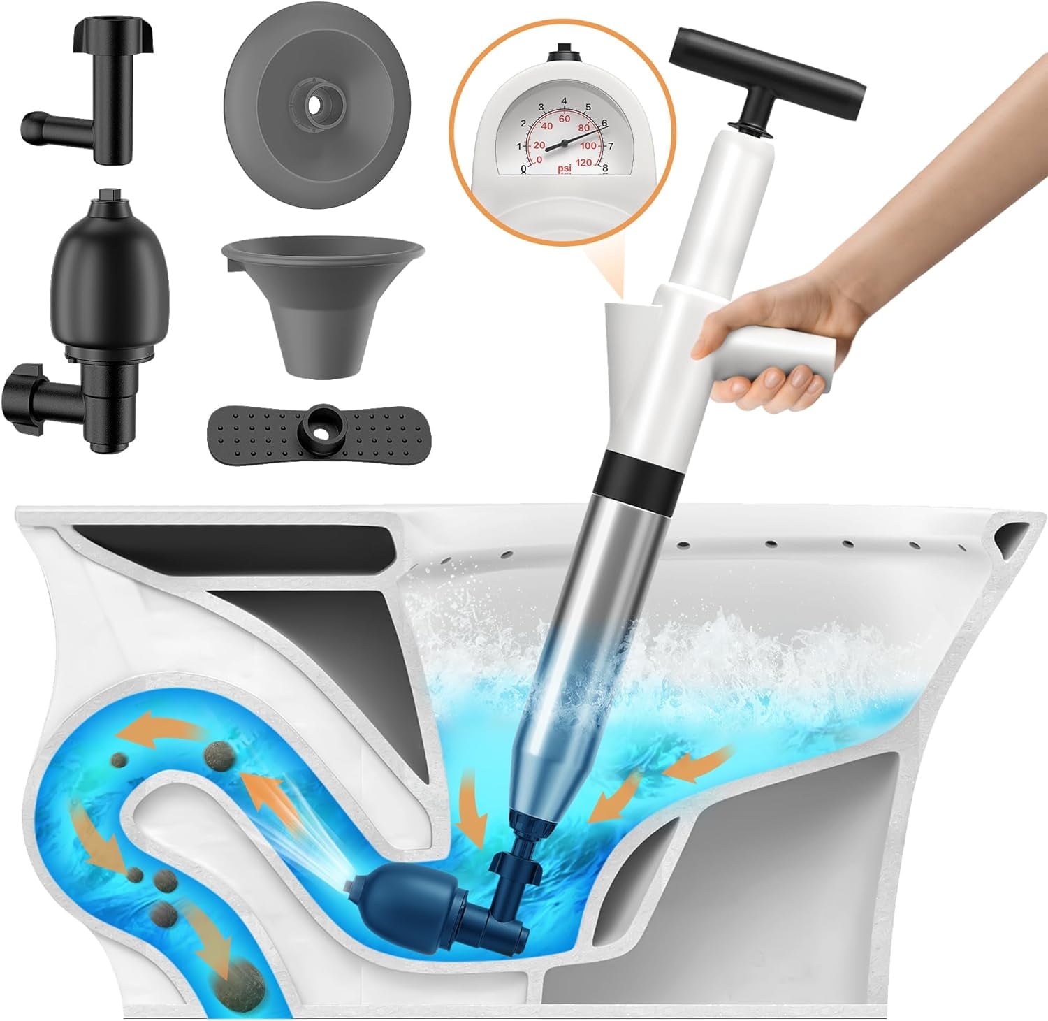 Air Toilet Plunger, Stainless Steel Drain Clog Remover Tool, High ...