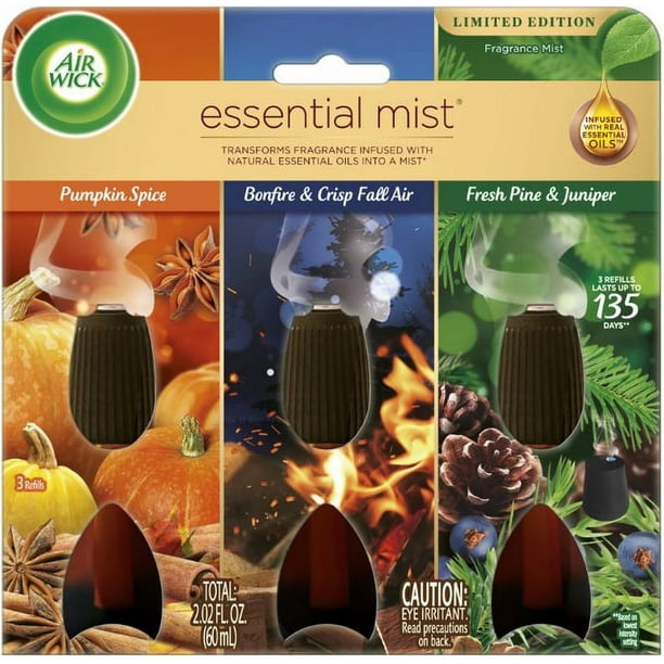 Air Wick Essential Mist Refill, 3ct, Multipack, Pumpkin Spice, Bonfire & Crisp Fall Air, Fresh ...
