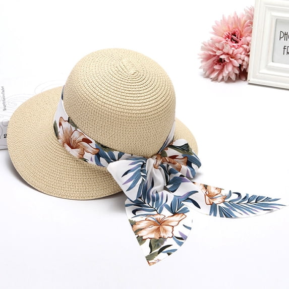 AirLoni Women's Straw Sun Hats Summer Wide Brim Ribbon Decor UV ...