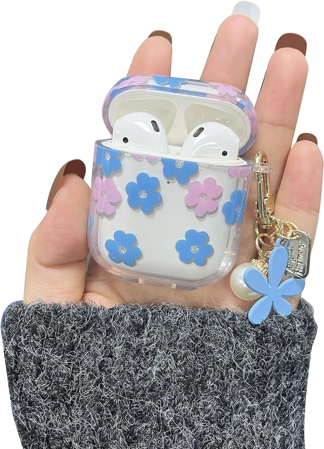 for AirPods 2nd 1st Gen Case,Clear Cute Glitter Flower Floral Design ...