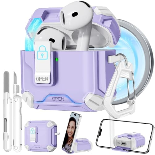 for AirPods 4 Case, 【Built-in Invisible Bracket】 Secure Lock Case ...