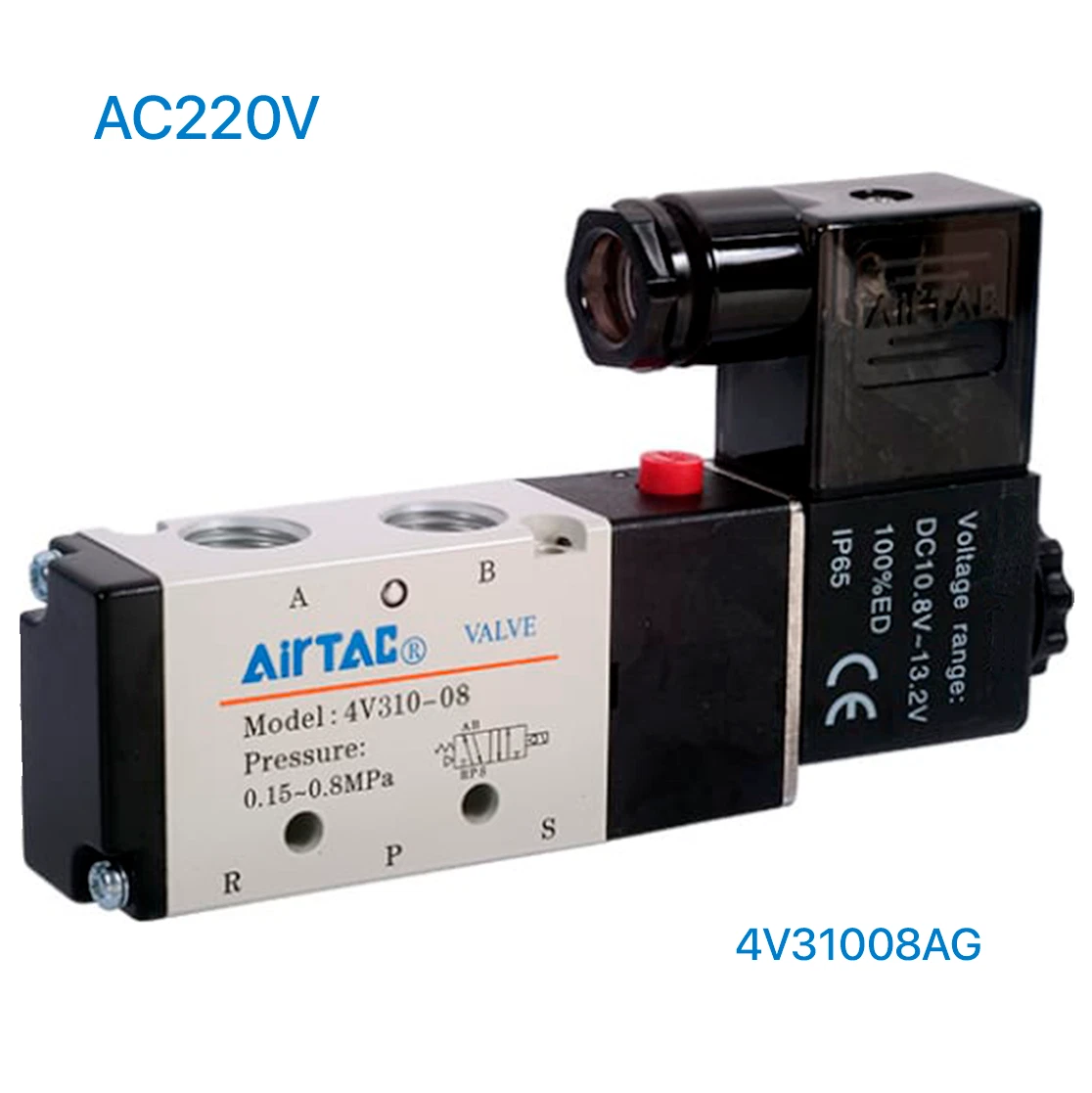 AirTac Pneumatic Air Single Solenoid Valve 5/2 Way, 1/4", AC220V, Article Number: 4V31008AG ...
