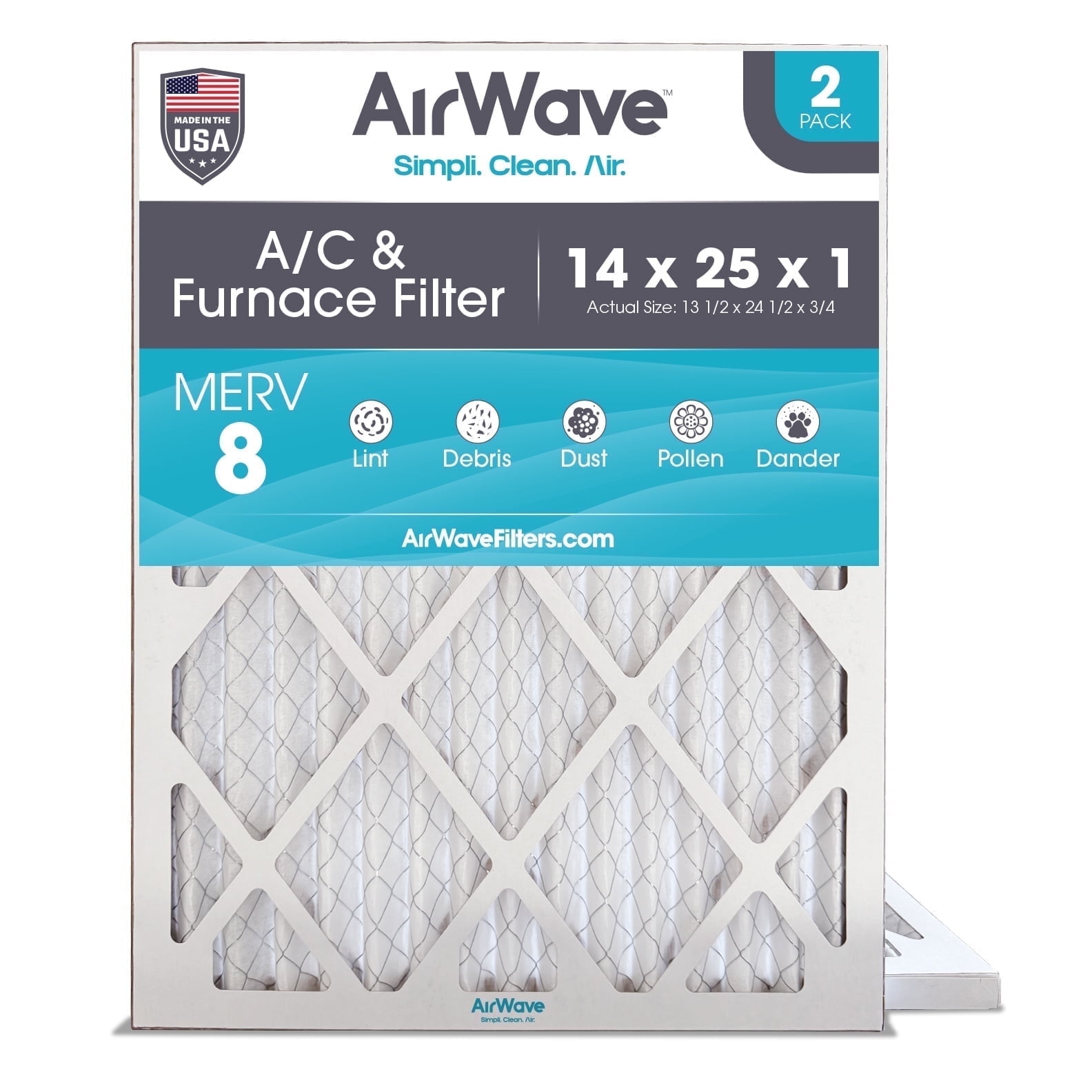 AirWave 14x25x1 MERV 8 Pleated HVAC AC Furnace Air Filter, 2-Pack ...
