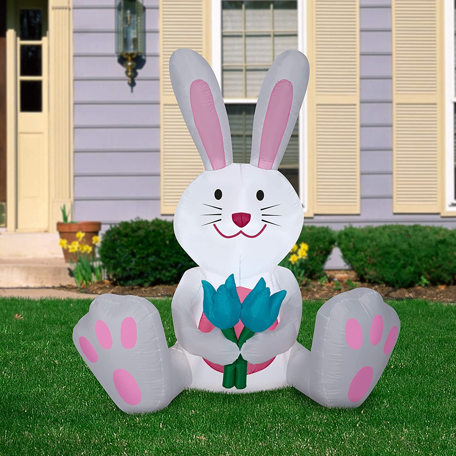 Airblown Inflatable Easter Bunny with Blue Tulips, 5 ft Tall, White ...