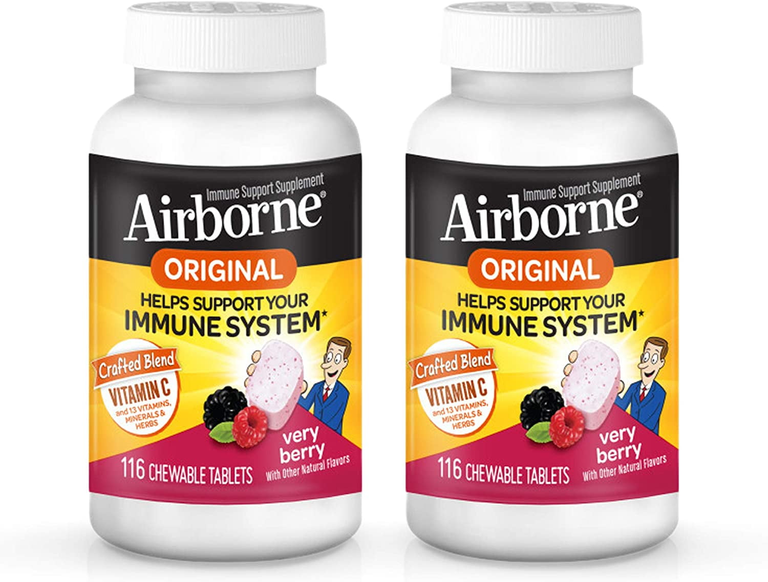 Airborne Berry Chewable Tablets, 116 Count, 1000mg Vitamin C, Immune ...