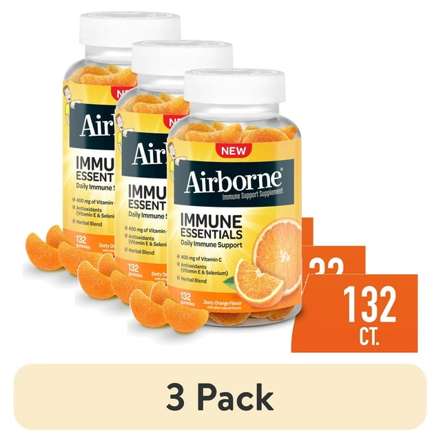 (3 pack) Airborne Immune Essentials, Vitamin C Immune Support Gummies, Orange Flavor, 132 Count ...