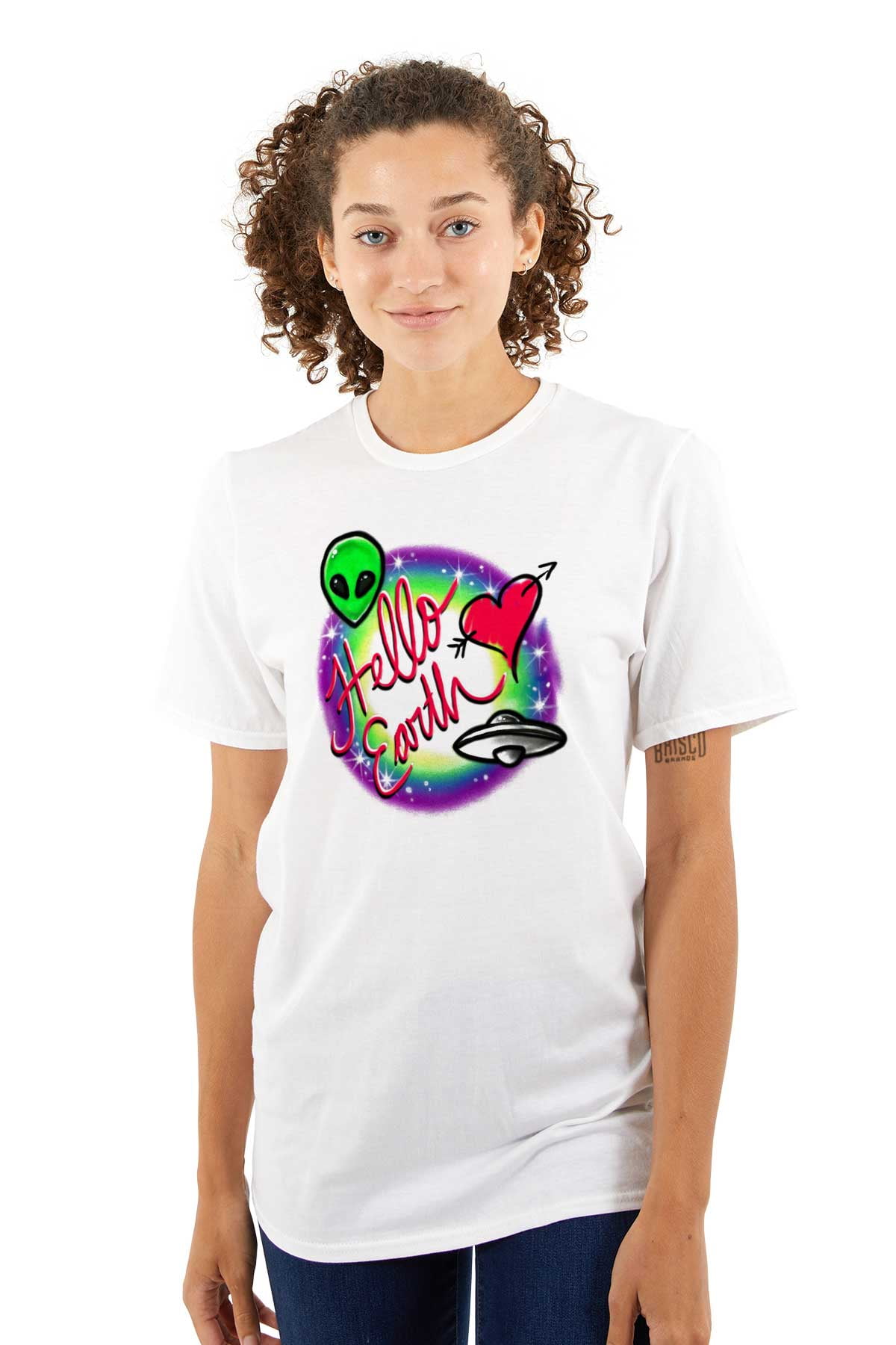 Airbrushed Alien UFO Hello Earth Women's Plus Size Graphic Tee Brisco ...