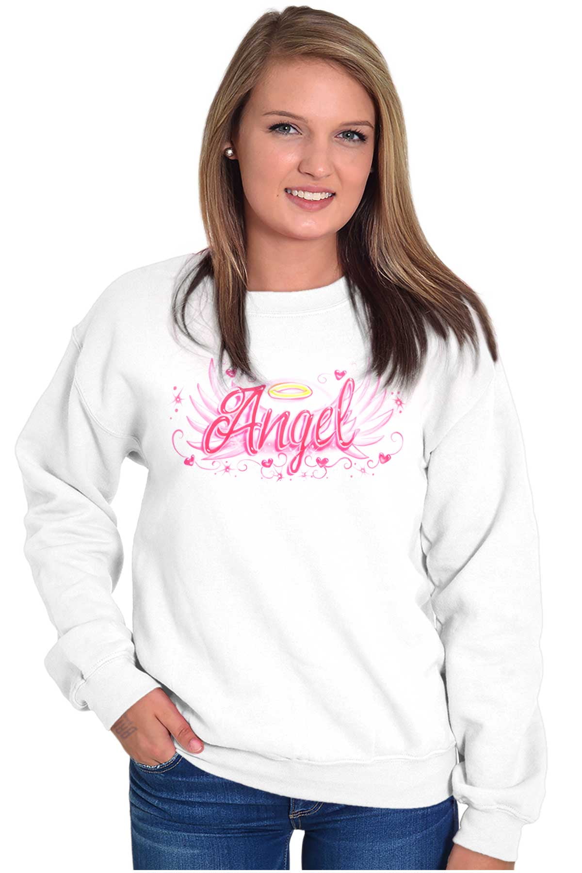 Airbrushed Angel Wings Halo Hearts Women Plus Size Crewneck Sweatshirt ...