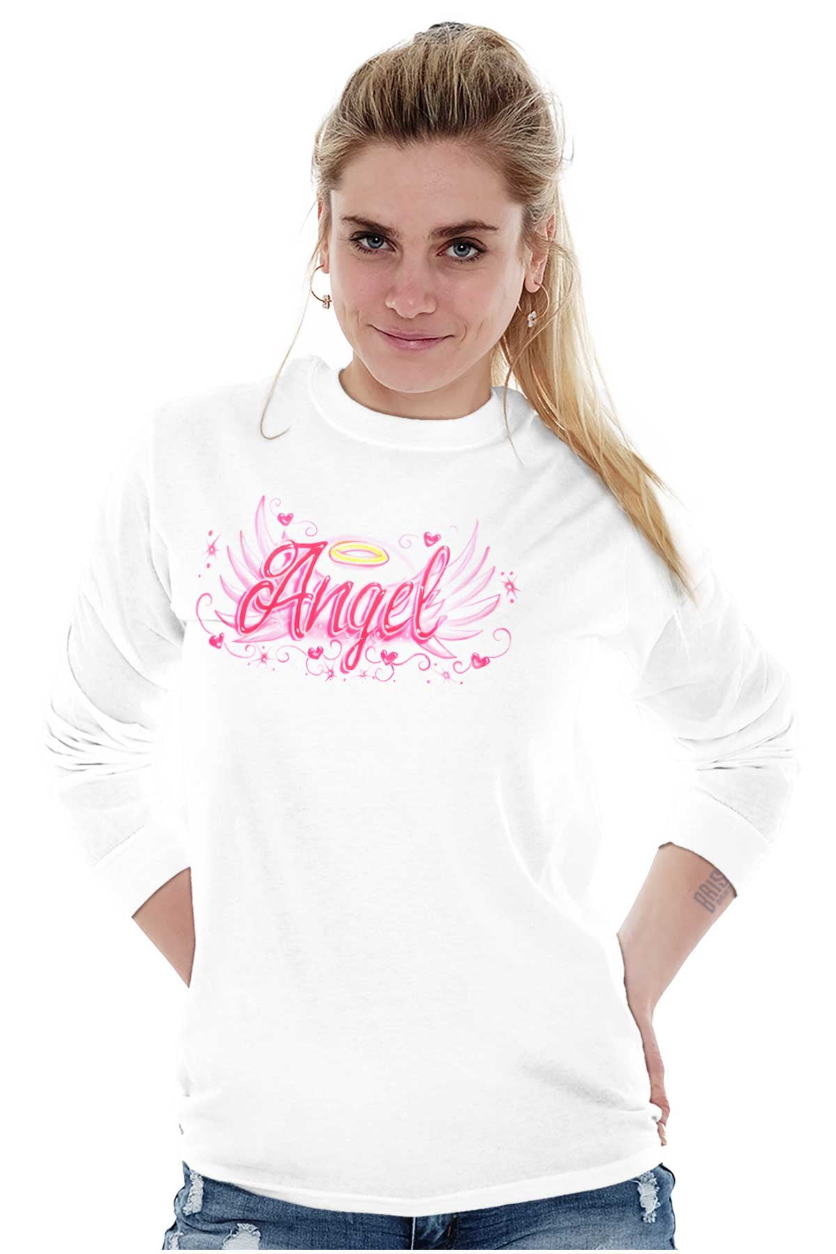 Airbrushed Angel Wings Halo Hearts Women's Long Sleeve T Shirt Brisco ...