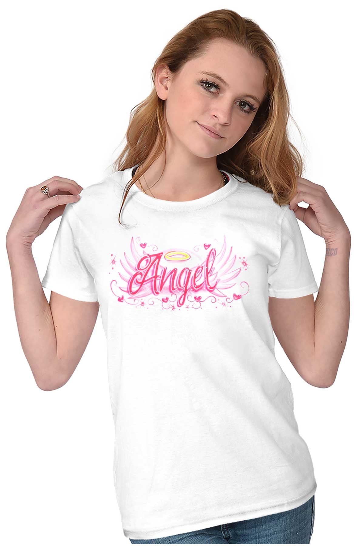 Airbrushed Angel Wings Halo Hearts Womens Slim Fit Graphic Tee Brisco ...
