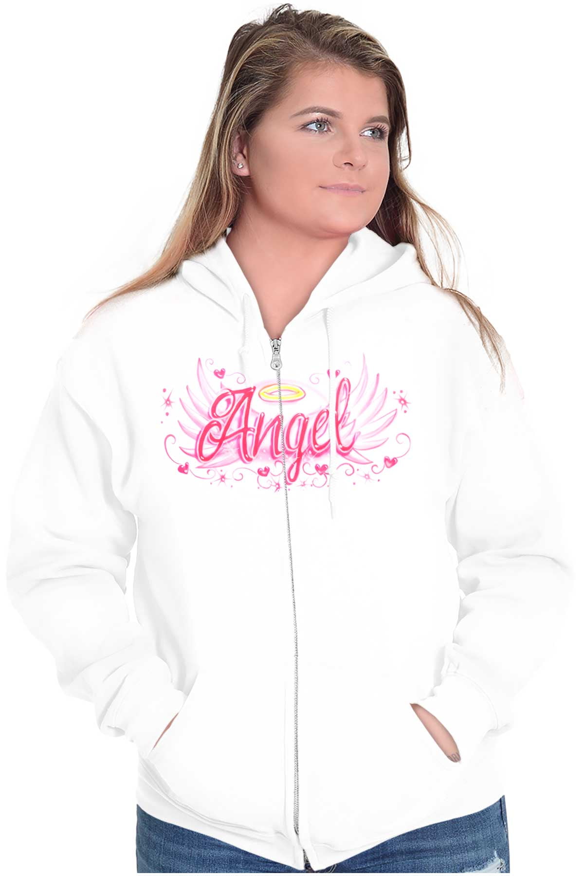 Airbrushed Angel Wings Halo Hearts Zip Hoodie Sweatshirt Women Brisco ...