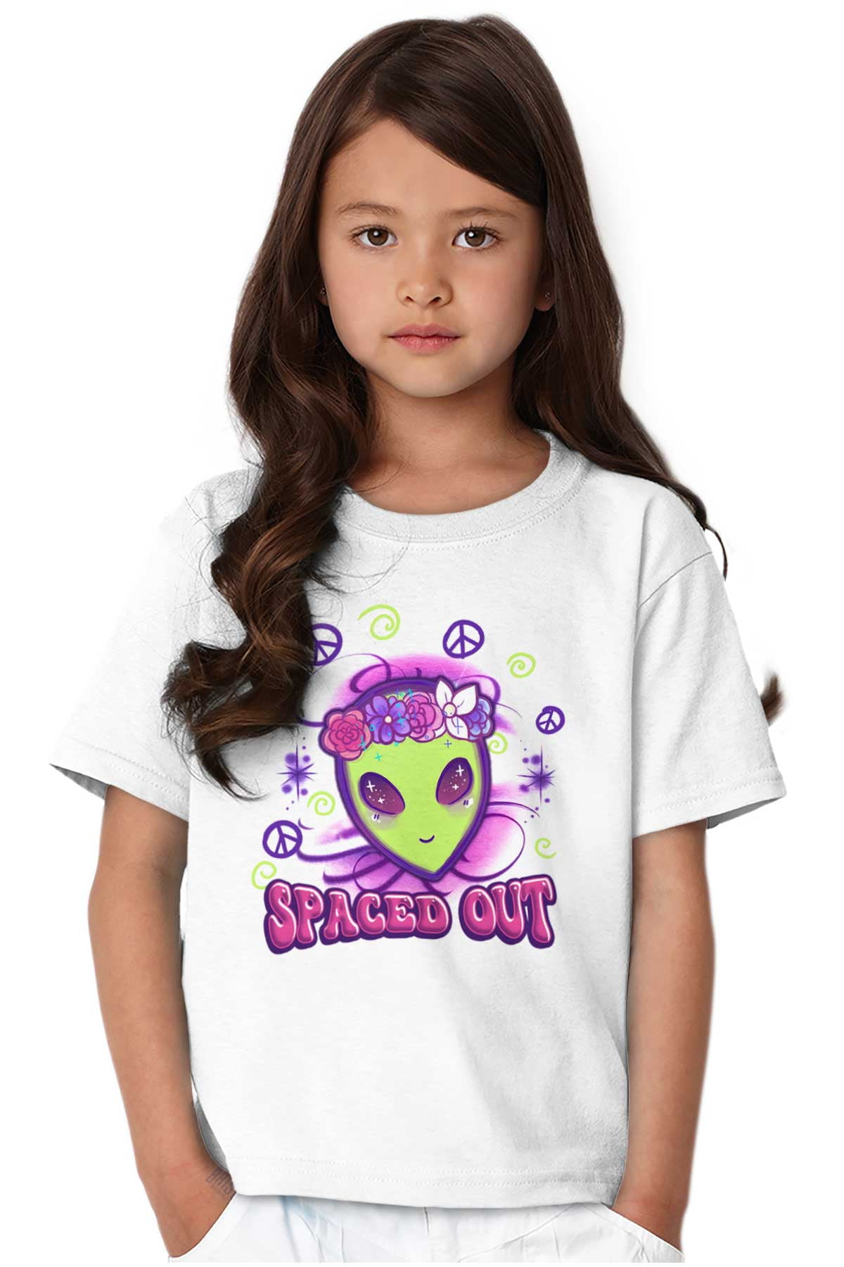 Airbrushed Hippie Alien Spaced Out Girls Kids T Shirt Tees Teen Brisco ...