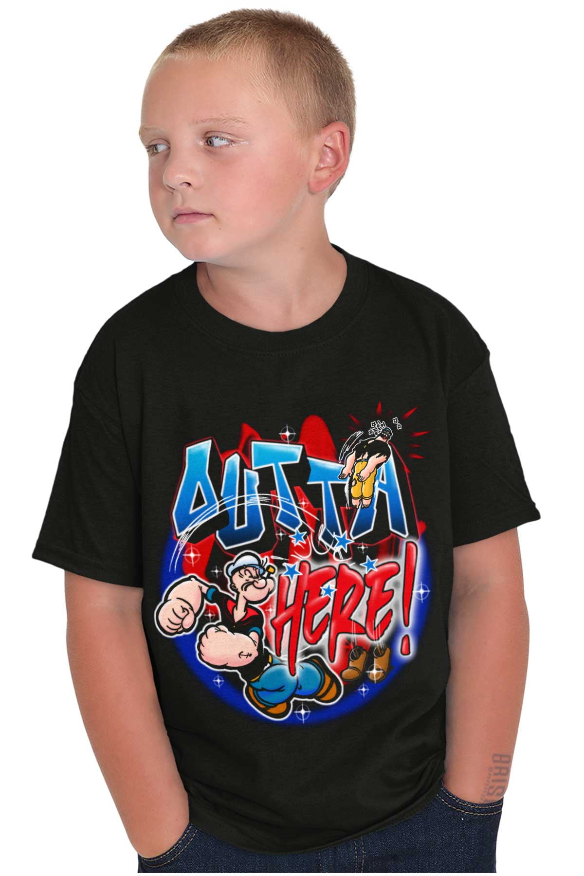 Airbrushed Popeye Cartoon Outta Here Boys Kids T Shirt Tees Tops Teen ...