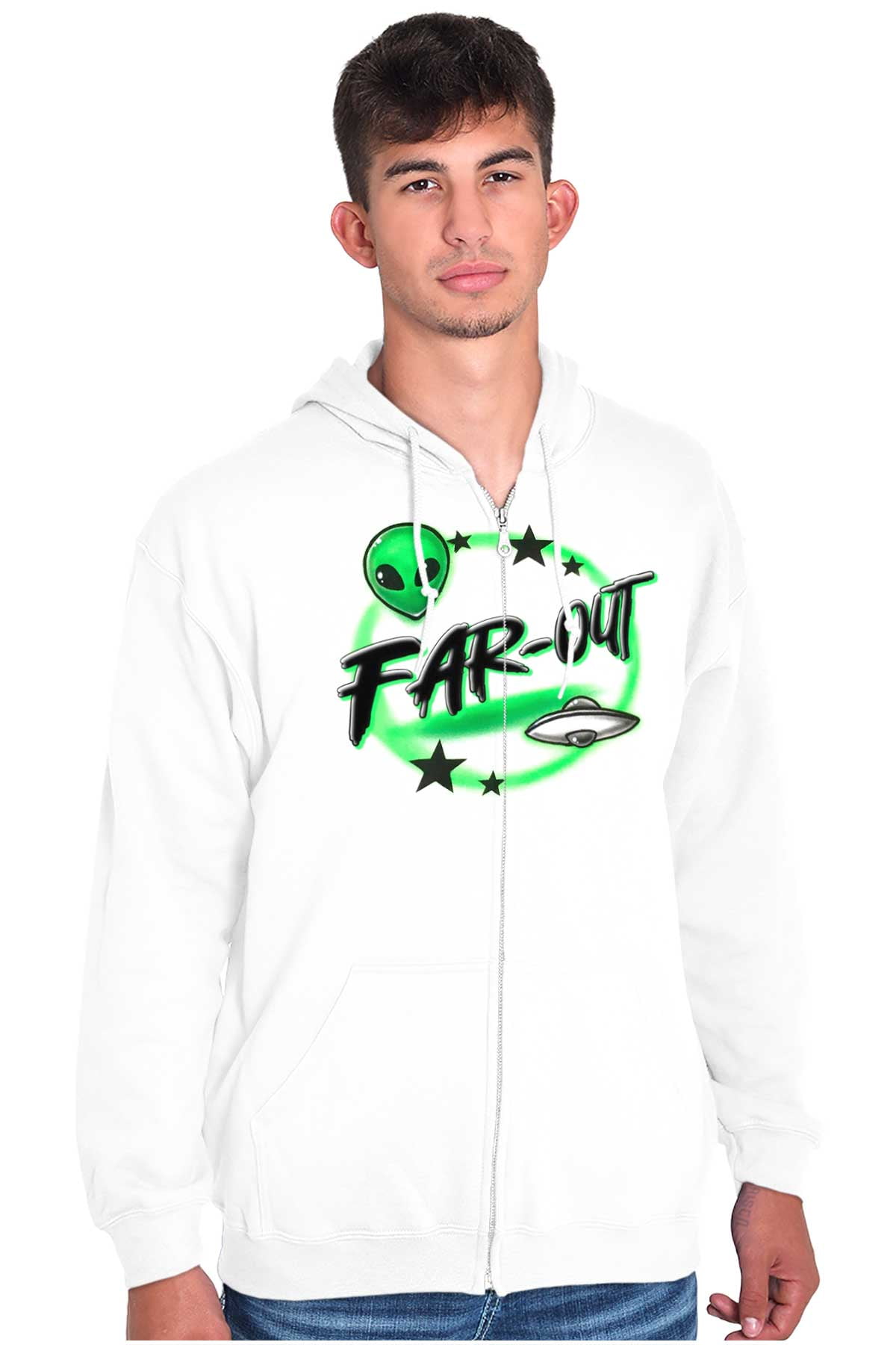 Airbrushed Space Alien UFO Far-Out Zip Up Hoodie Men's Women's Brisco ...