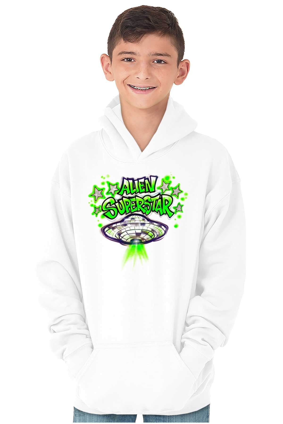 Airbrushed Space UFO Alien Superstar Youth Hoodie Boy Girl Teen Brisco ...