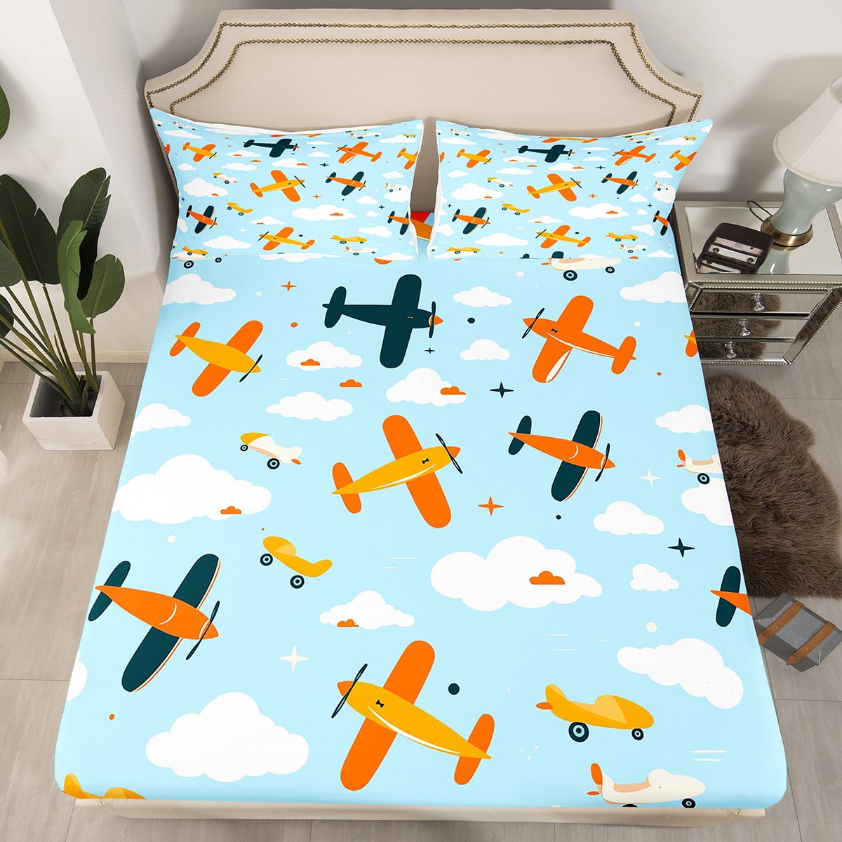Aircraft Bed Sheets Cute Cartoon Themed Fitted Sheet for Teens Airplane ...