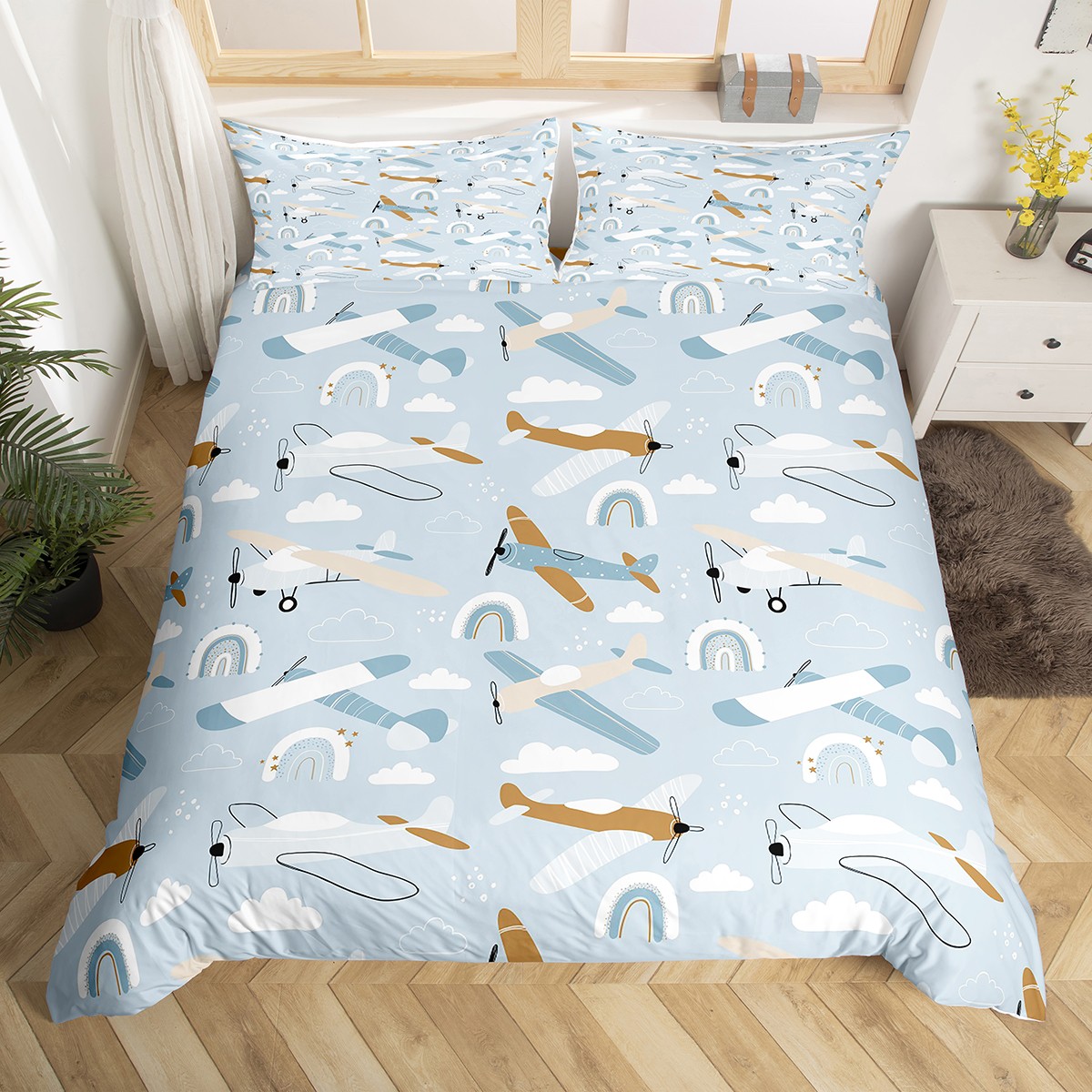 Aircraft Duvet Cover Rainbow Bedding Set Twin,Watercolor Airplane ...