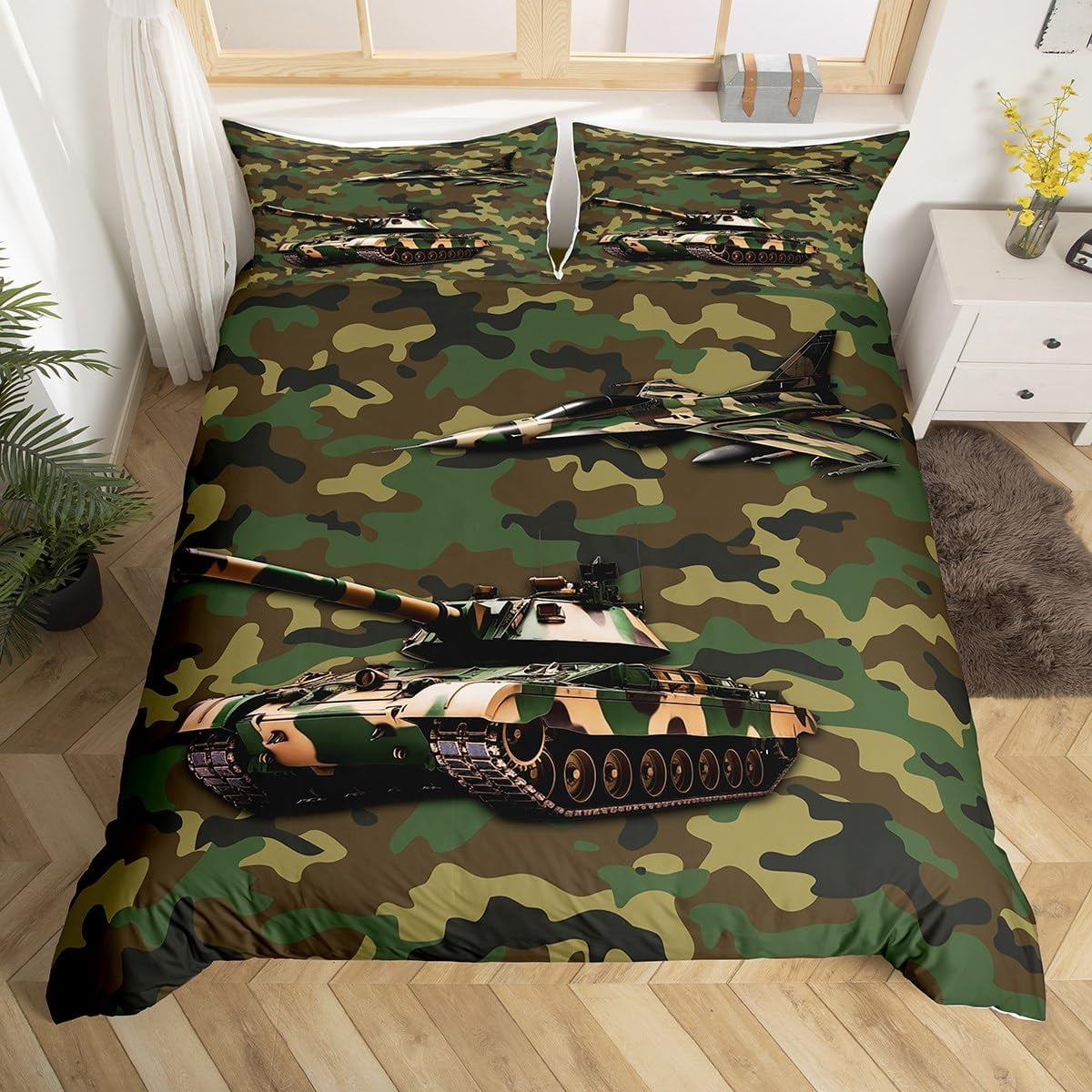Aircraft Duvet Cover Set Full Size, Army Camo Tank Airplane Comforter ...