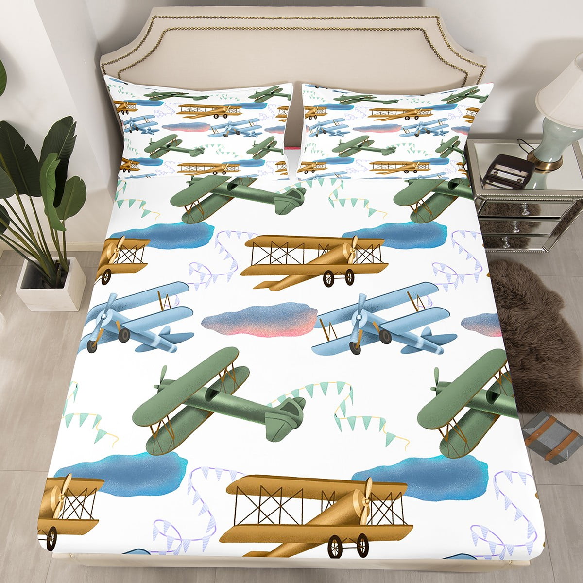 Aircraft Fitted Sheet Airplane Full Bed Sheets for Boys Kids Child ...