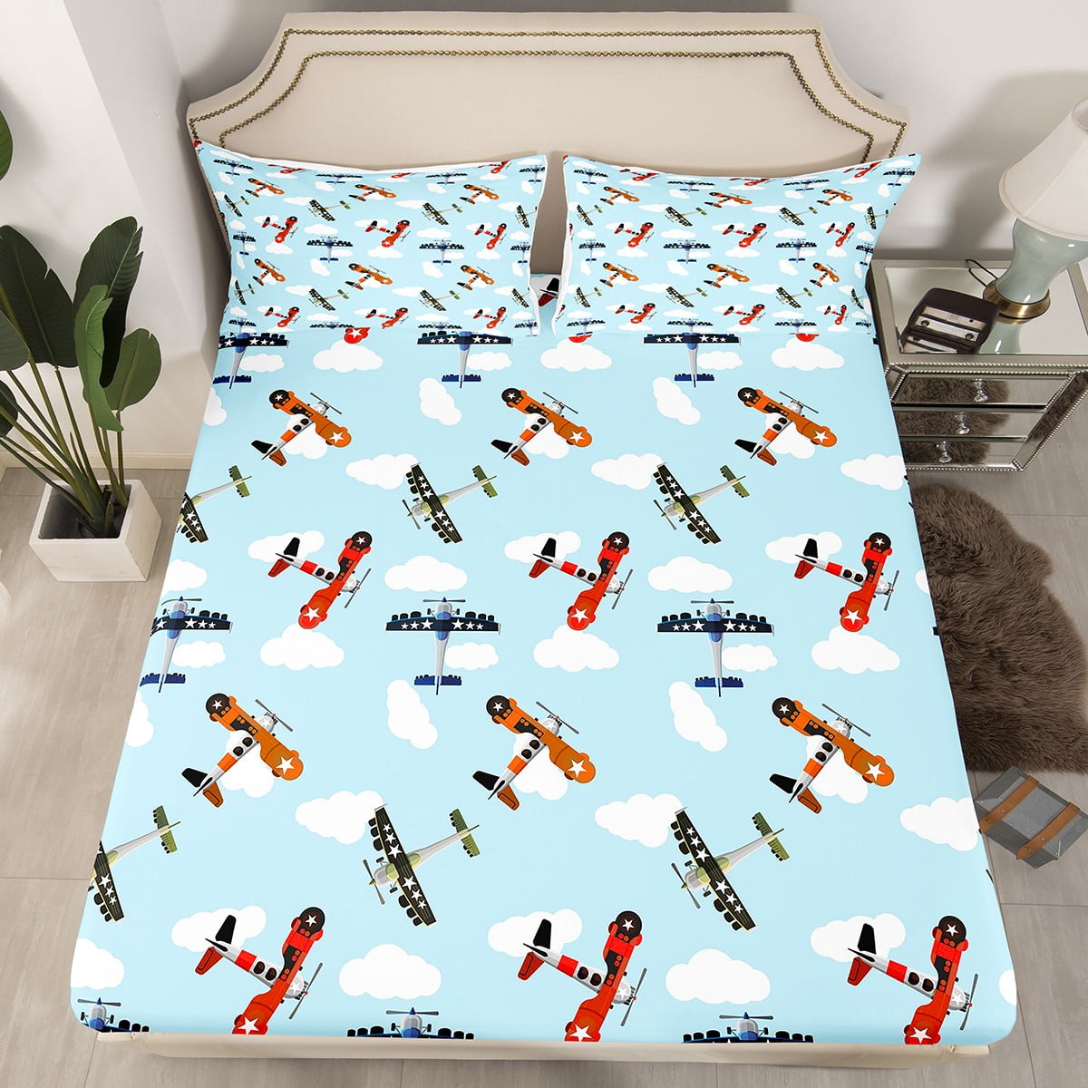 Aircraft Fitted Sheet Cartoon Airplane Bed Sheets Twin,Blue Sky White ...