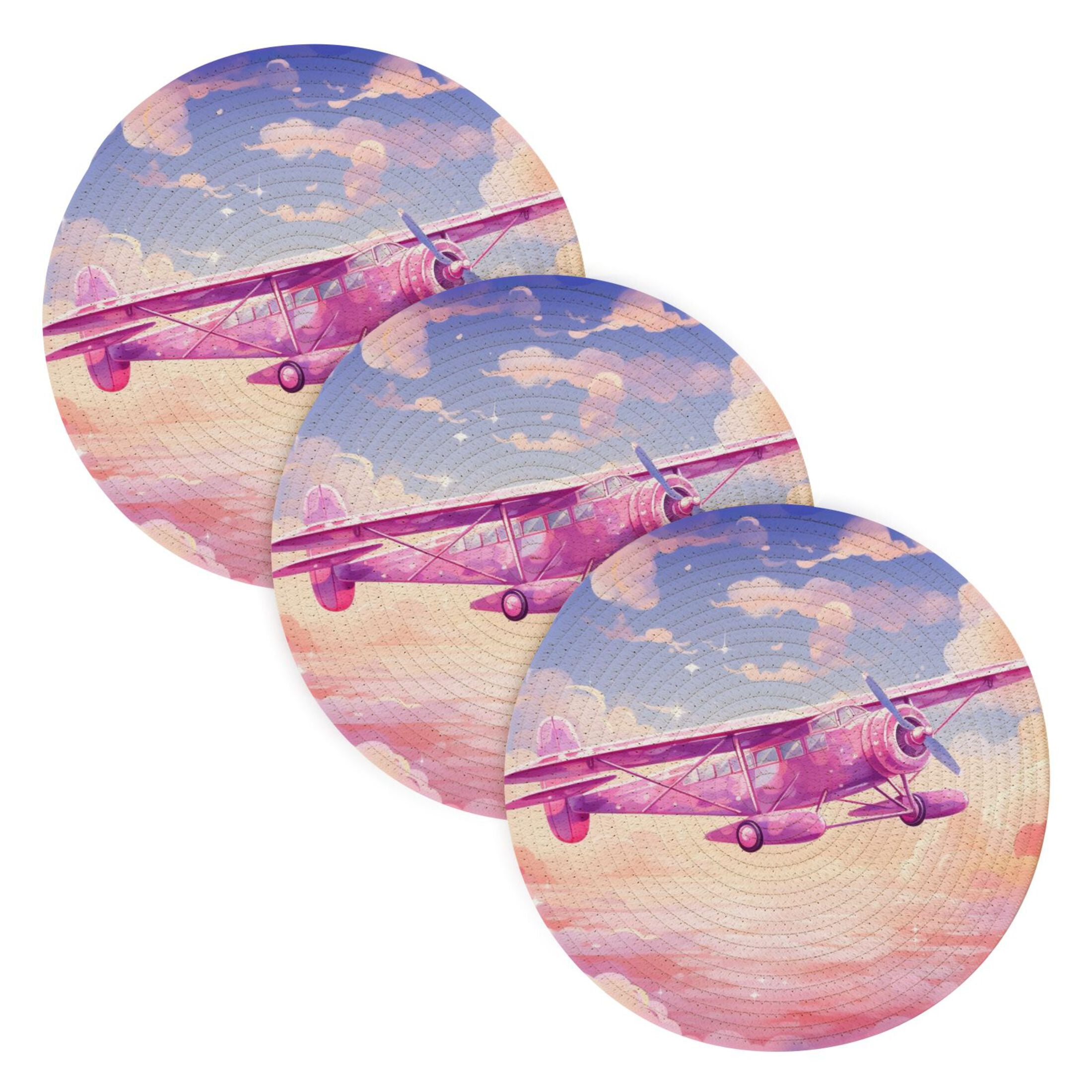 Aircraft Flying in Sky 3 Pcs Pot Holders Trivets Set Woven Heat ...