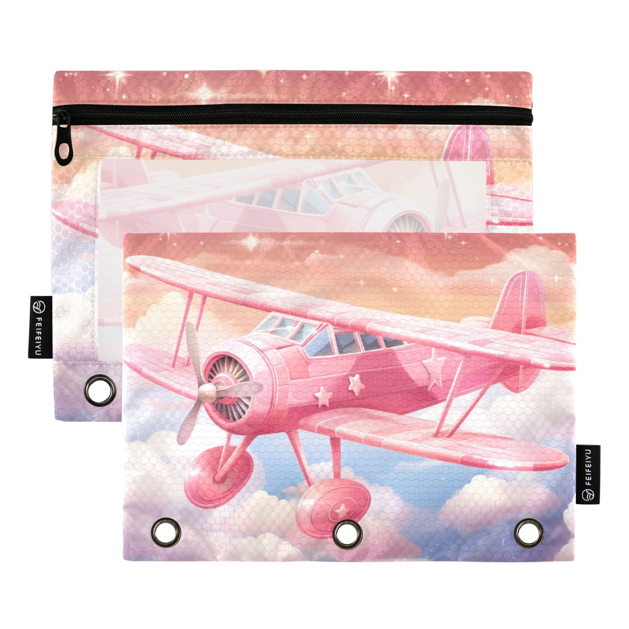 Aircraft Flying on Cloud 2 Pack Pencil Pouch for 3 Ring Binder Smooth ...