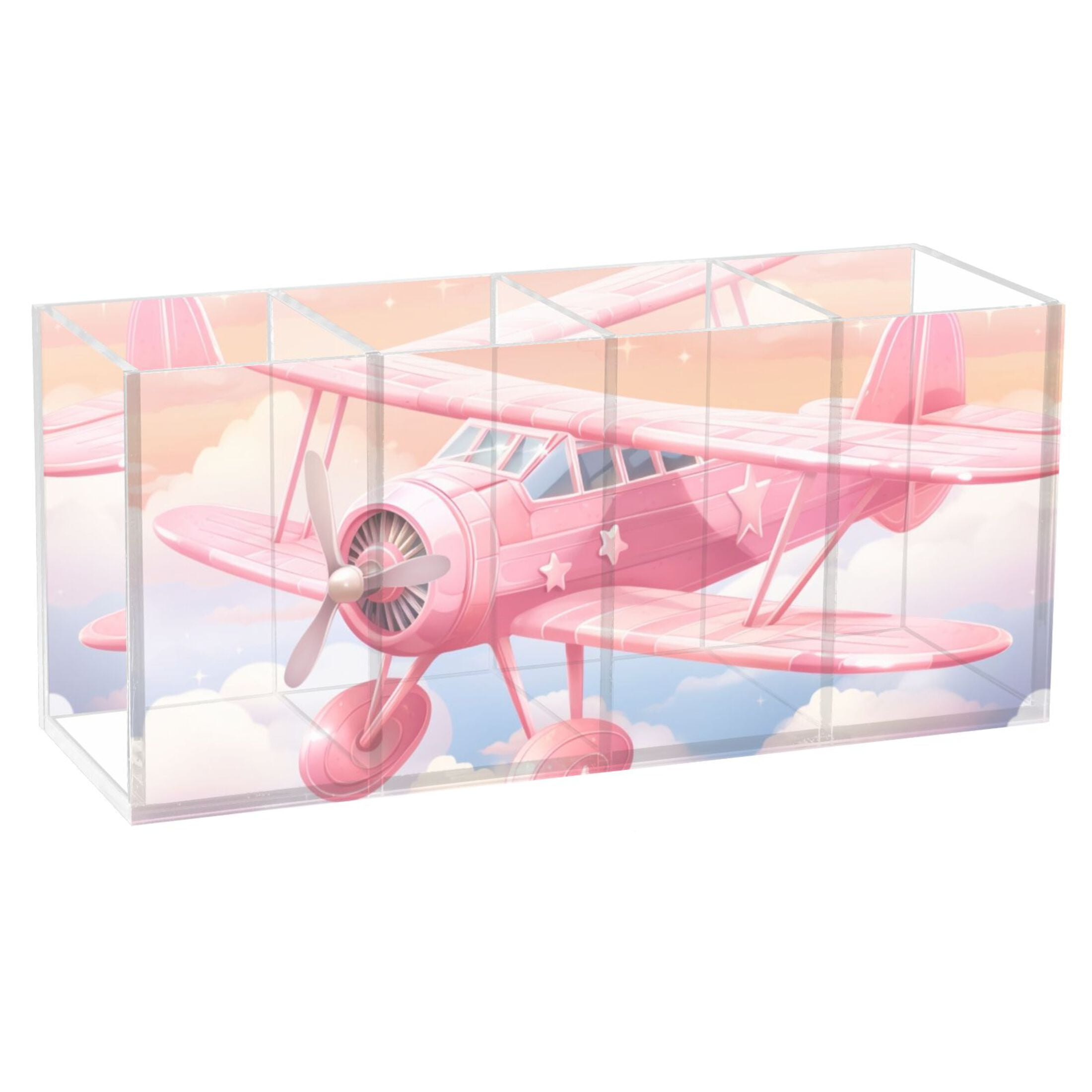 Aircraft Flying on Cloud Acrylic Pen Holder 4 Compartments Clear Pencil ...