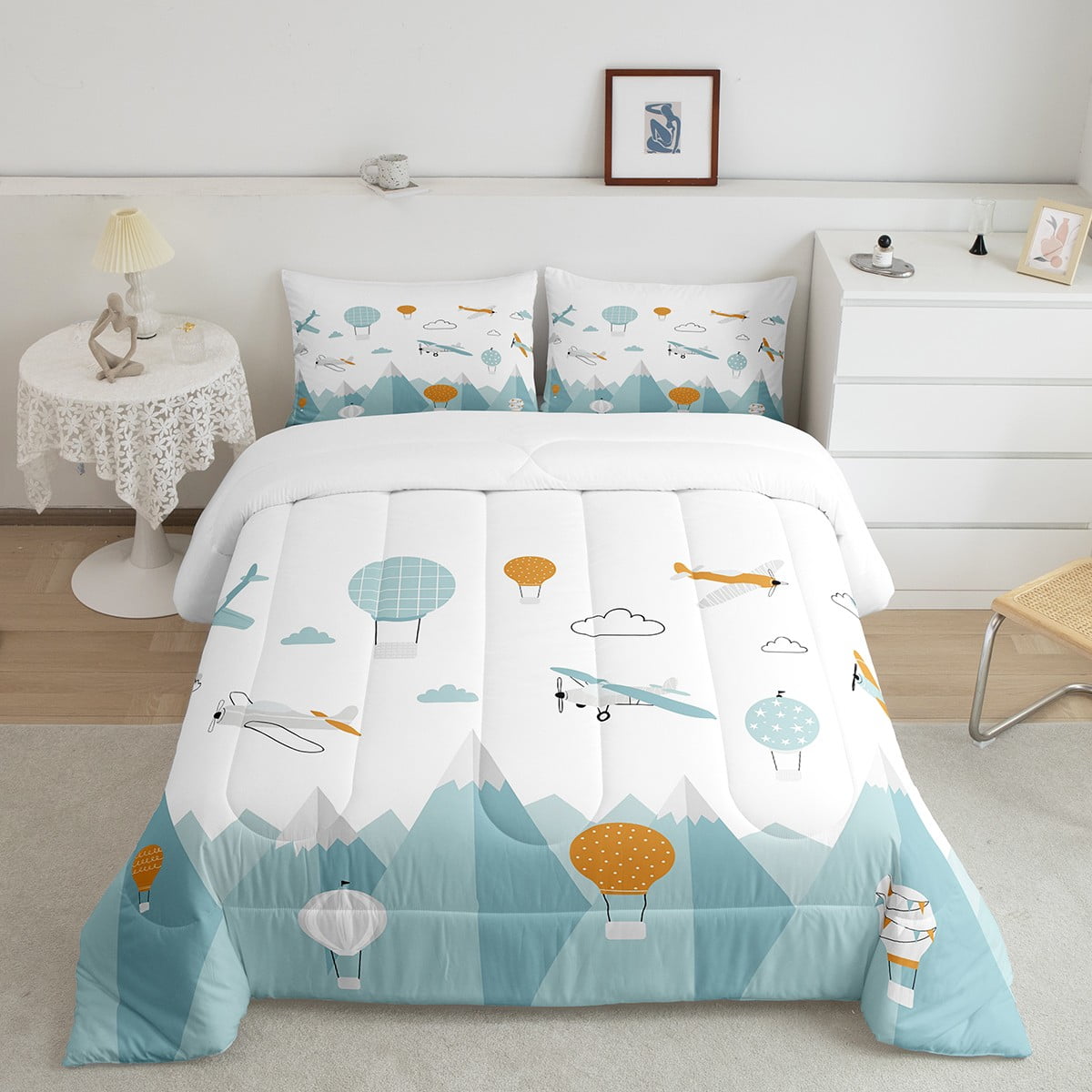 Aircraft King Comforter Set for Boys,Airplane Quilt Hot Air Balloon ...