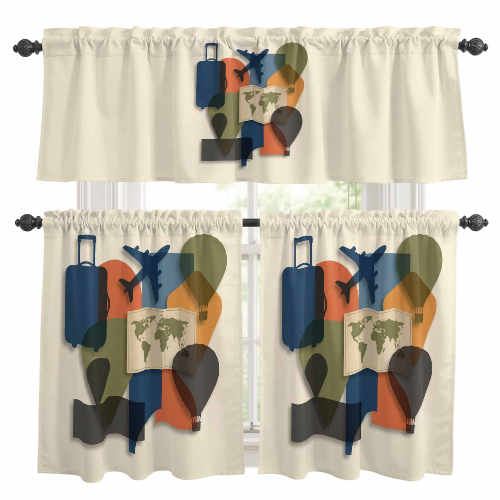 Aircraft Maps Kitchen Curtains and Valances Set, Abstract Black Hot ...