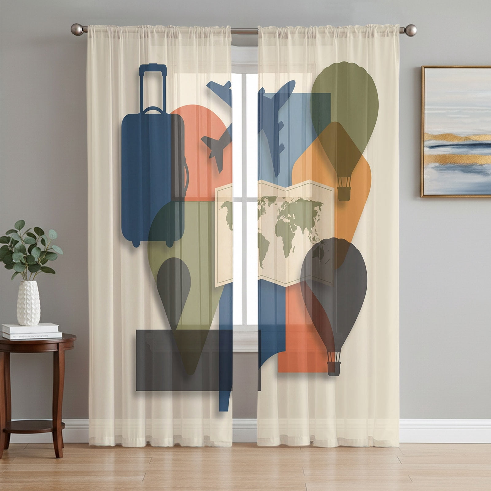 Aircraft Maps Sheer Curtains for Living Room Bedroom, Abstract Black ...