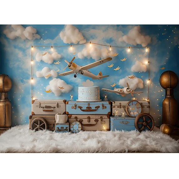 Aircraft Photography Backdrop for Photo Studio Light Blue Wall Balloon ...