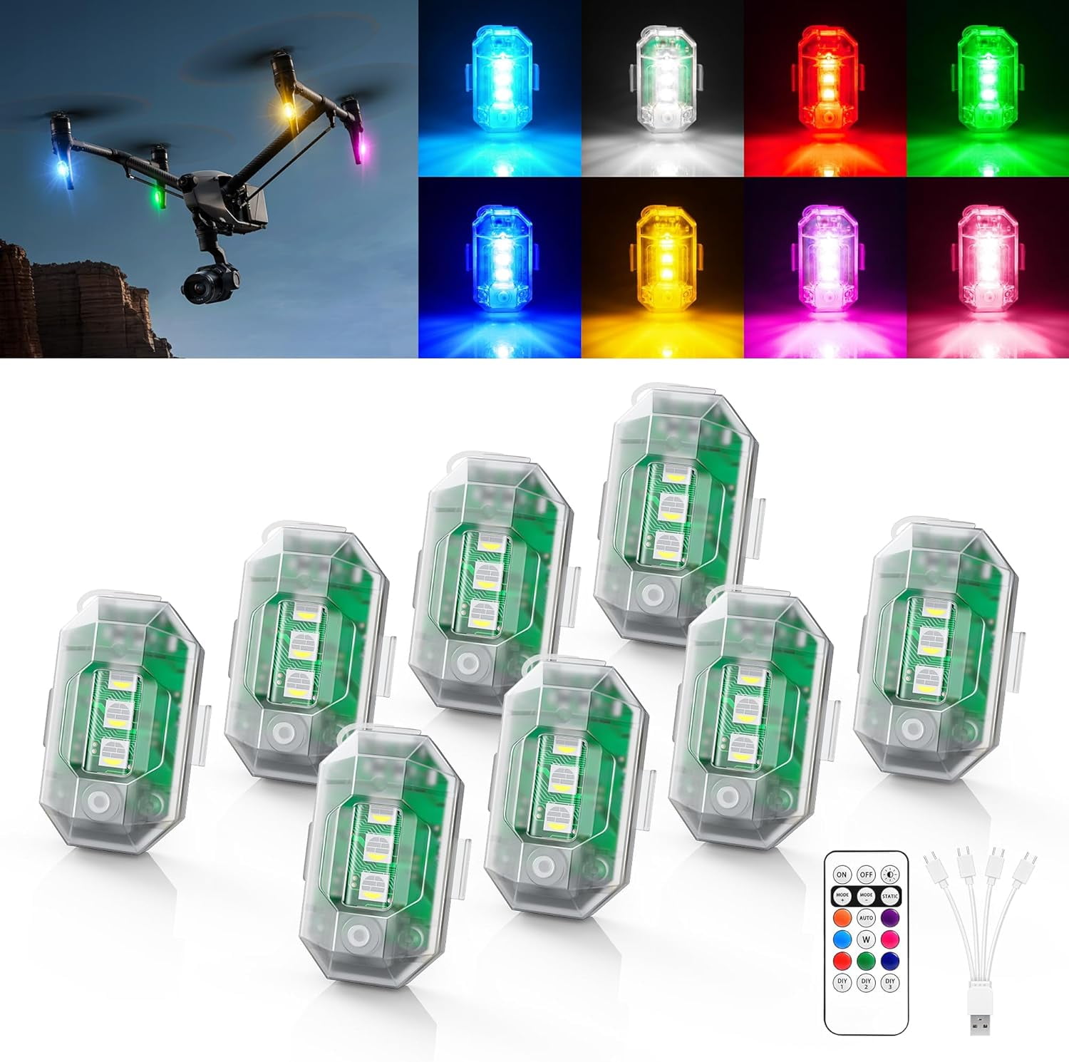 Aircraft Strobe Lights with Remote Control, 8 Colors 10 Flash Modes DIY ...