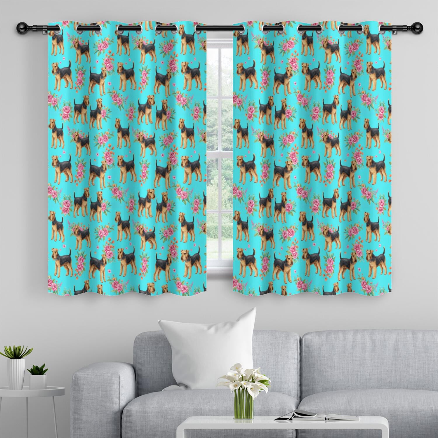 Airedale Terrier and Roses Blue Pattern Blackout Curtains,Triple Weaved ...