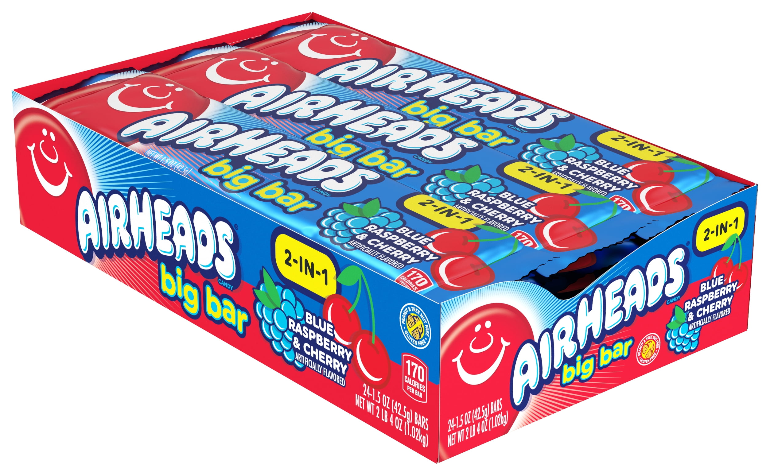 Airheads 2-in-1 Individually Wrapped Big Bar, Blue Raspberry and Cherry ...