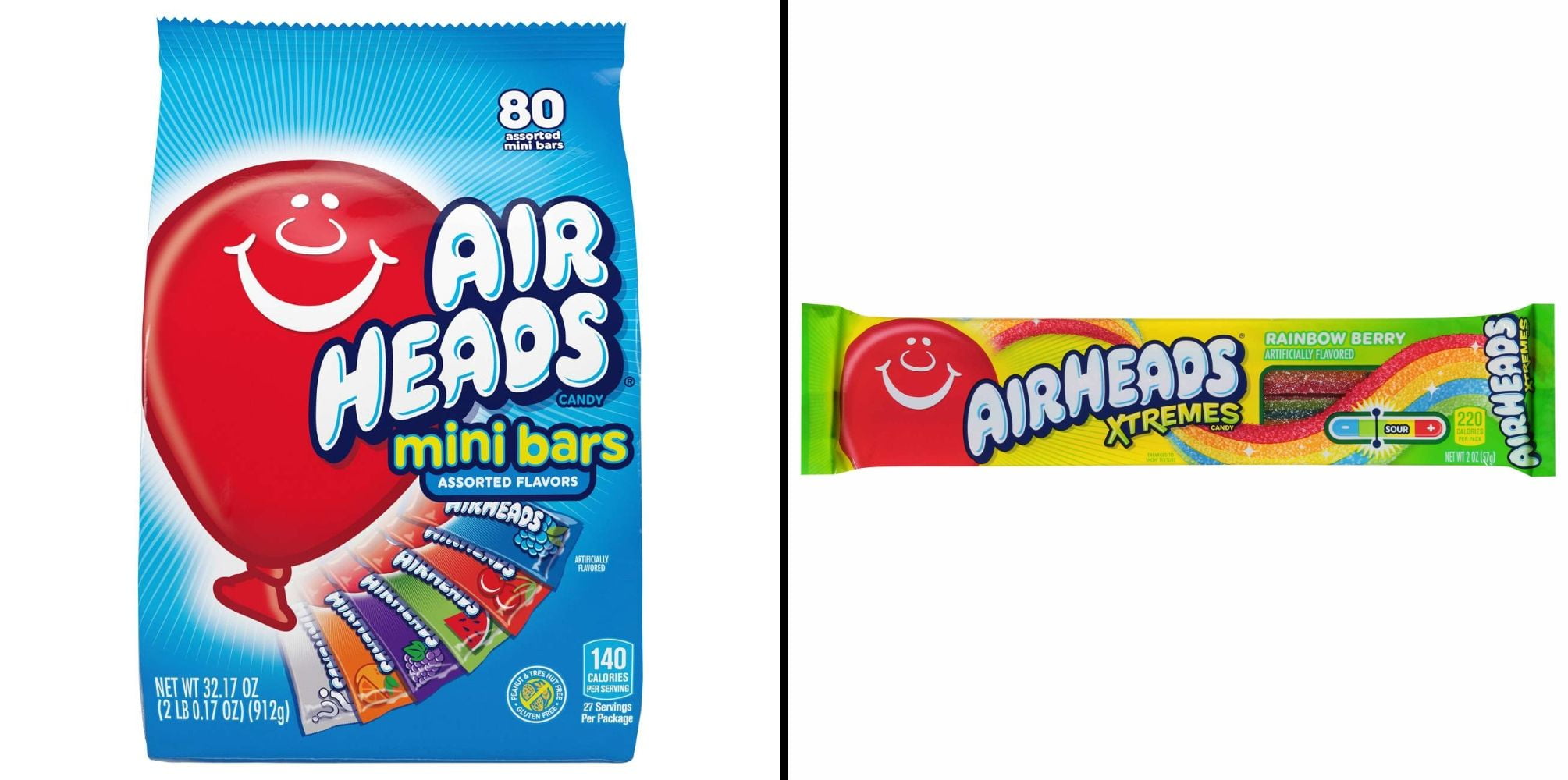 Airheads Assorted Flavors Mini Bars Candy 80 ct & Xtremes Rainbow Berry ...