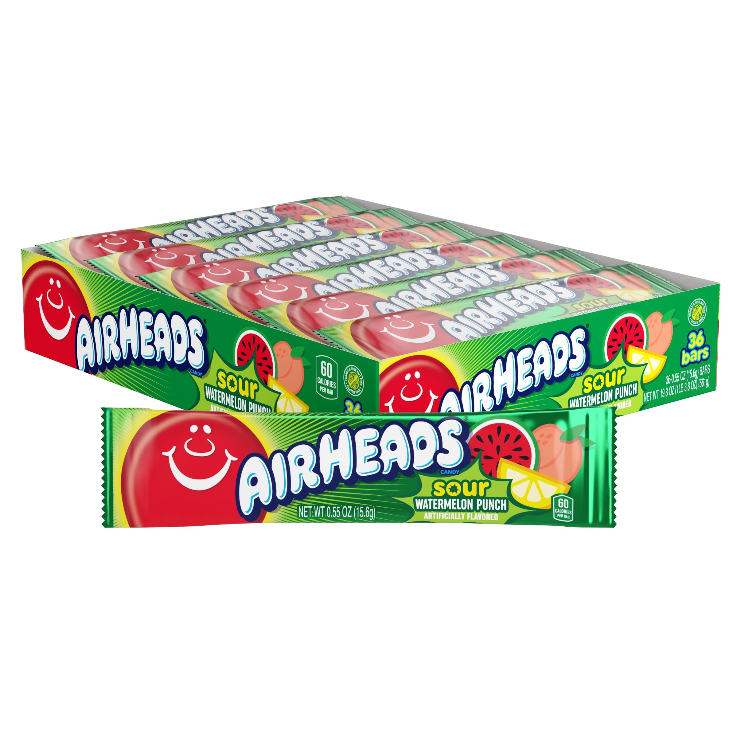 Airheads Sour Full-Size Candy SBF3 Bars, Taffy Candy, Sour Watermelon ...