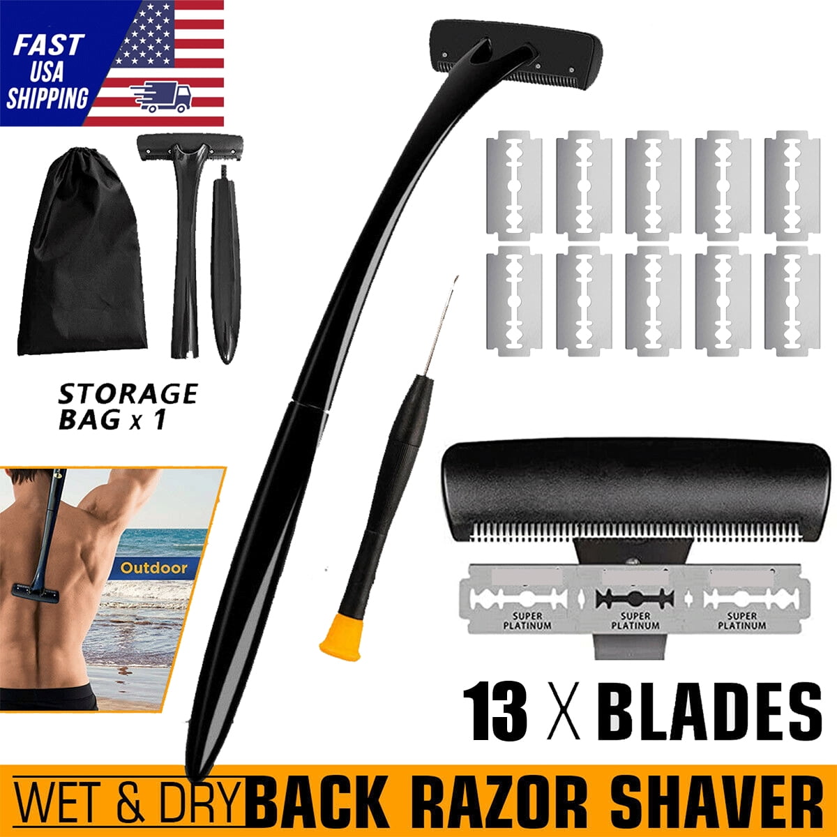 Airkoul Back Razor Long Handle Body Shaving Tool Wet &Dry W/Blade ...