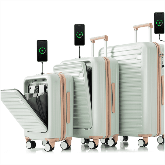 Airline Approved Carry On Luggage Set with USB Port, Front Opening, ABS ...