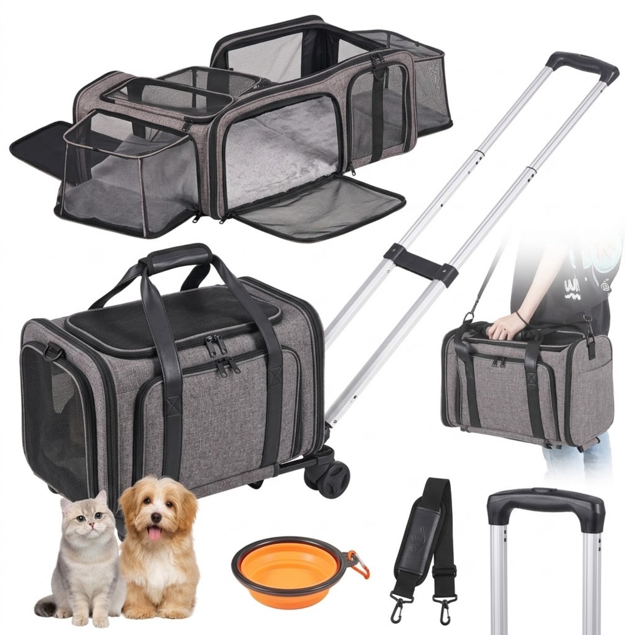 Airline Approved Rolling Pet Carrier with Wheels, Telescopic Handle Cat ...
