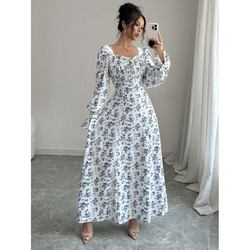 Airlisse Elegant Floral Print Square Neck Dress With Ruffle Trim, Ruffle Sleeve, Pearl Button ...