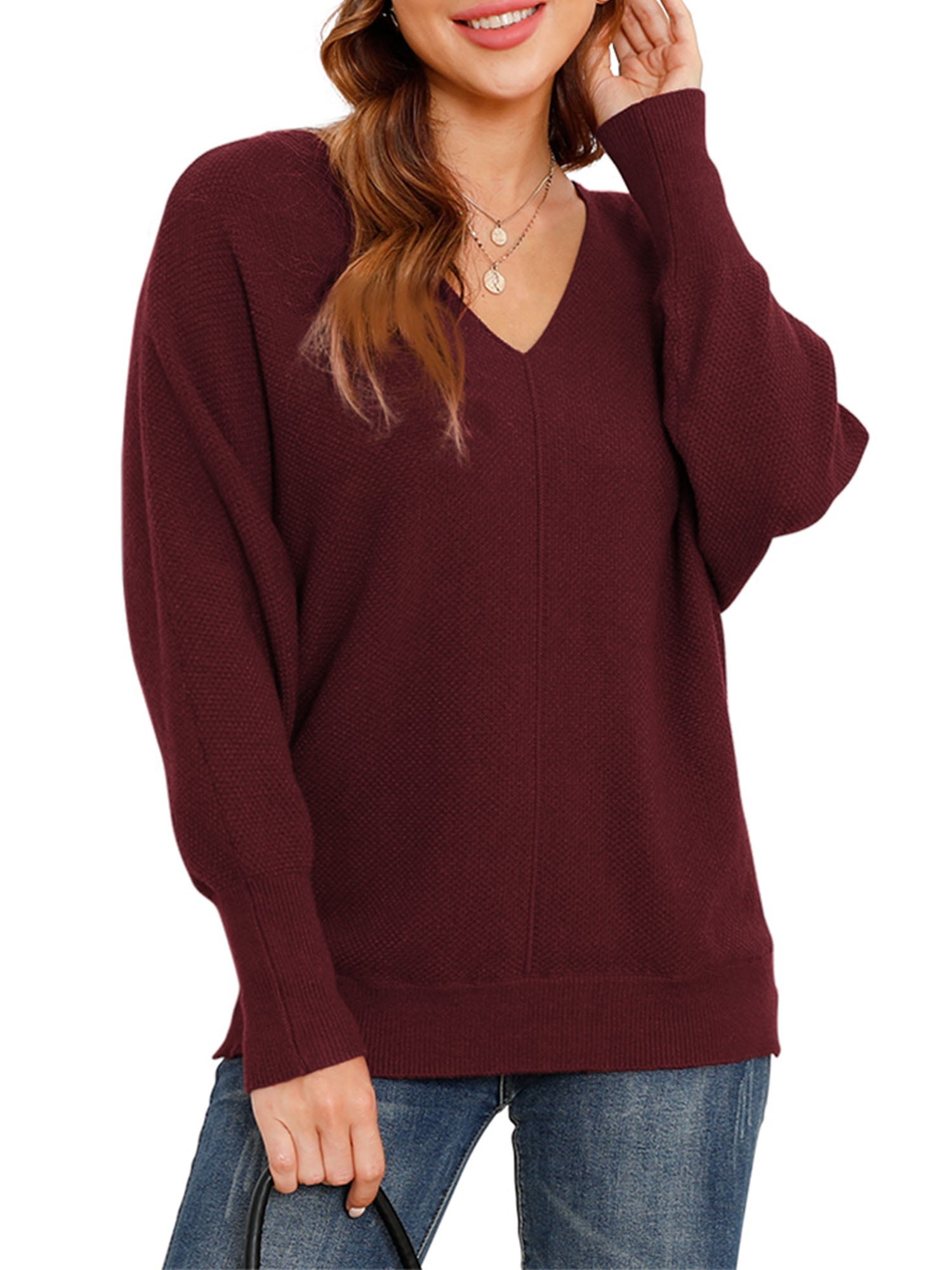 Airmenty Sweaters for Women Casual Lightweight V Neck Top Batwing ...