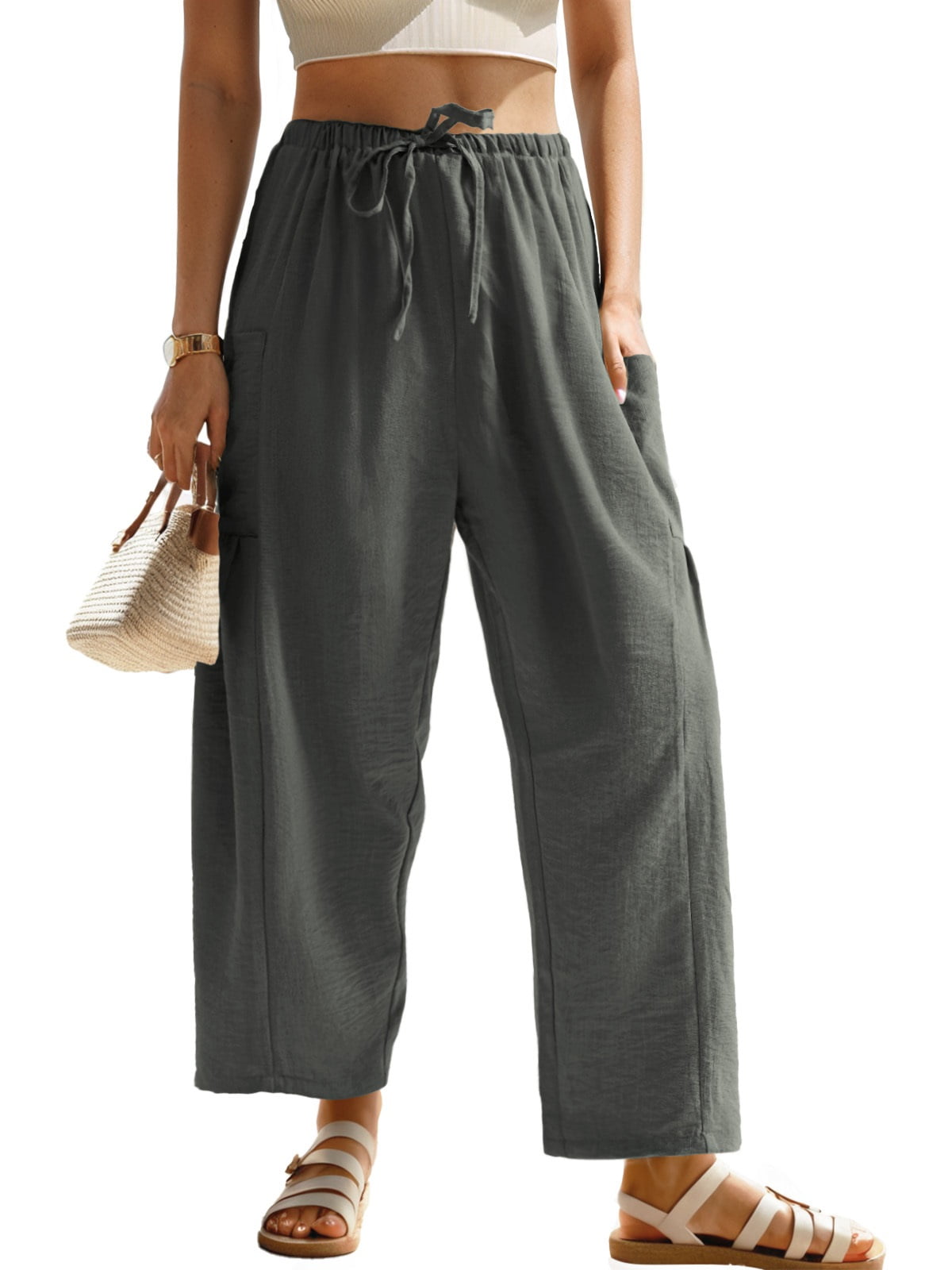 Airmenty Women Wide Leg Pants Summer Casual Low Waist Loose Drawstring ...