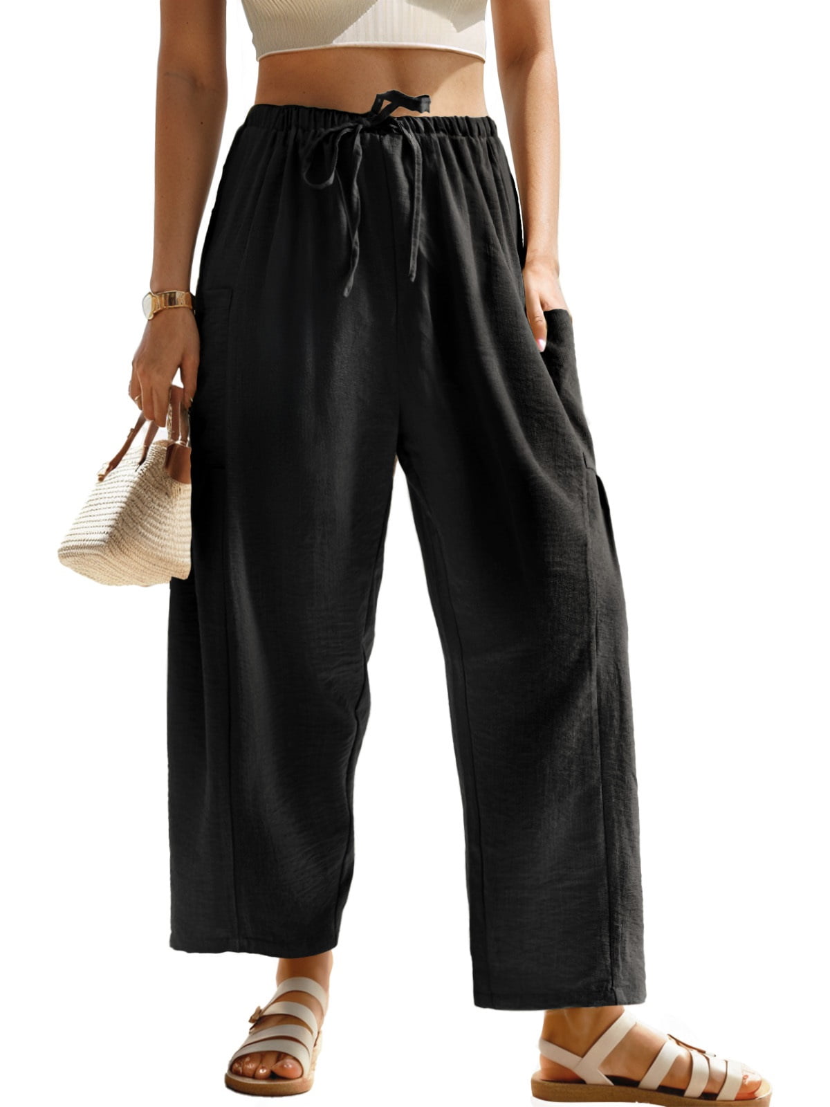 Airmenty Women Wide Leg Pants Summer Casual Low Waist Loose Drawstring ...