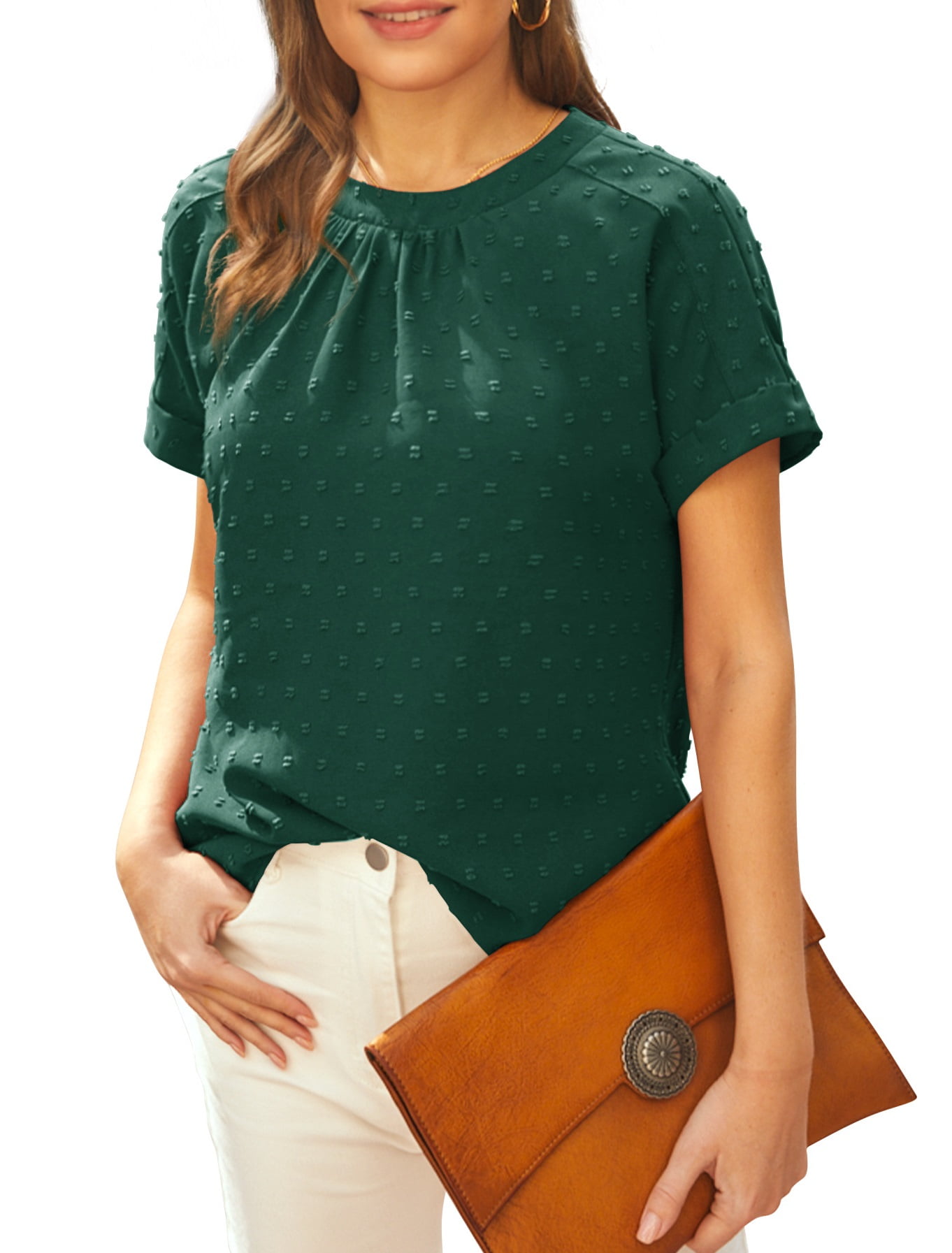 Airmenty Women's Work Tops Business Casual Round Neck Short Sleeve Swiss Dots Blouses Shirts ...