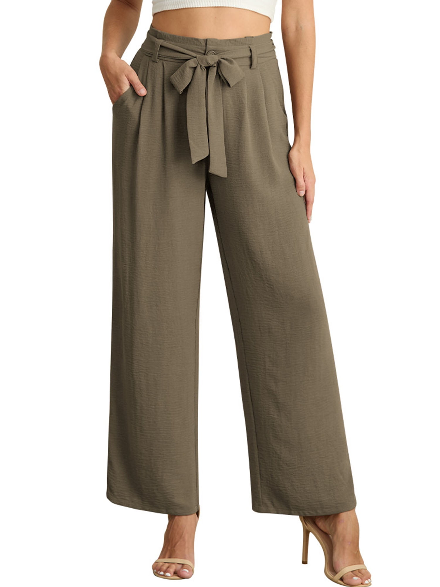 Airmenty Womens Casual Wide Leg Pants High Waisted Business Casual ...